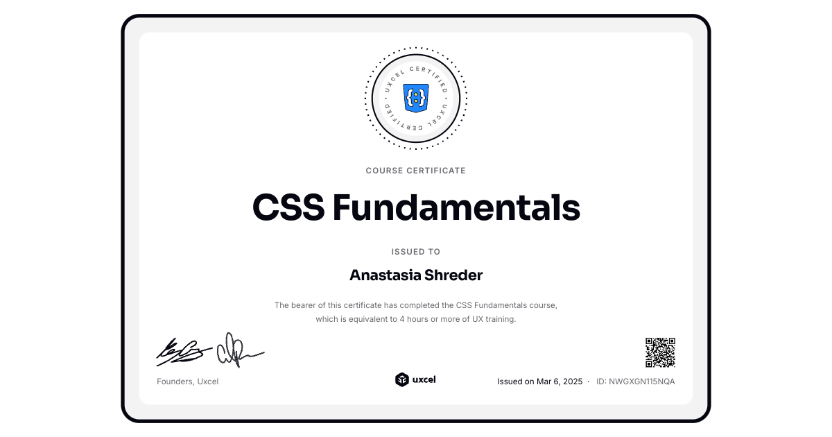 Certificate of completion for CSS Foundations | Uxcel